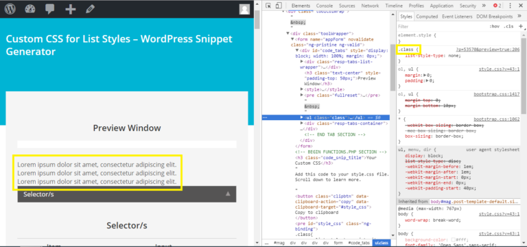 Custom CSS for List Styles - WordPress Snippet Generator