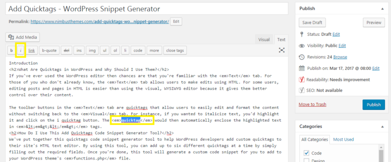 Add Quicktags - WordPress Snippet Generator - Nimbus Themes